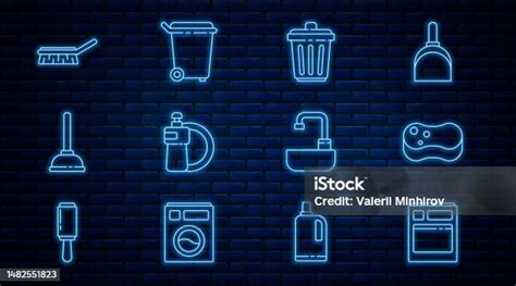 세트 라인 주방 식기 세척기 기계 스폰지 쓰레기통 식기 세척액 병 및 접시 고무 플런저 청소용 브러시 수도꼭지와 아이콘이 있는 세면대 벡터 개수대에 대한 스톡 벡터 아트 및