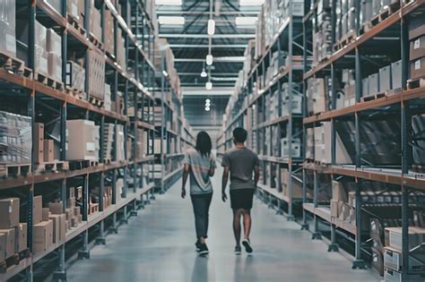 Two People Walk Down A Long Aisle In A Warehouse Premium Ai Generated
