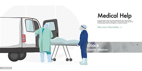 응급 처치 의사가 환자를 돕습니다 구조 척추 보드를 사용하여 도움을 제공하는 의료 노동자 격리 하는 동안 사람들을 돕는 생물 위험 장비에 그려진 된 문자 벡터 플랫