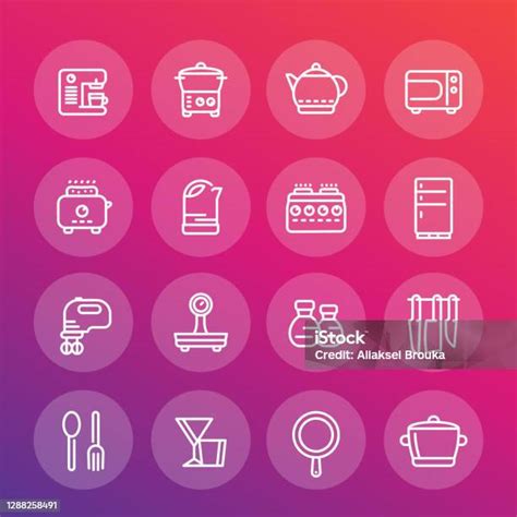 주방 라인 아이콘 세트 요리 관련 개체 기구 식기 도구 Flatware 조리기구 팬 주전자 칼 가정 생활에 대한 스톡 벡터 아트 및 기타 이미지 Istock