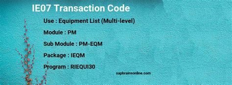 Ie07 Sap Tcode For Equipment List Multi Level