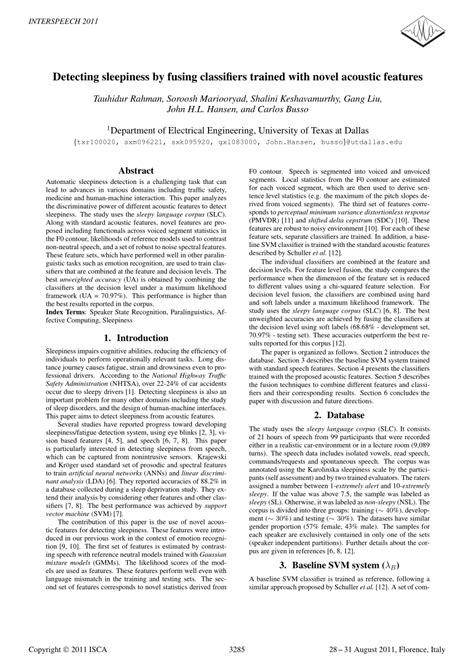 Pdf Detecting Sleepiness By Fusing Classifiers Trained With Novel Acoustic Features