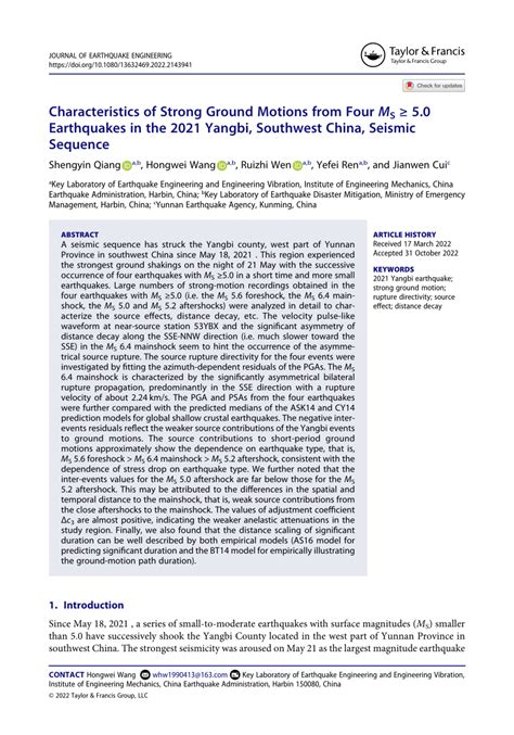 Pdf Characteristics Of Strong Ground Motions From Four M S ≥ 5 0 Earthquakes In The 2021
