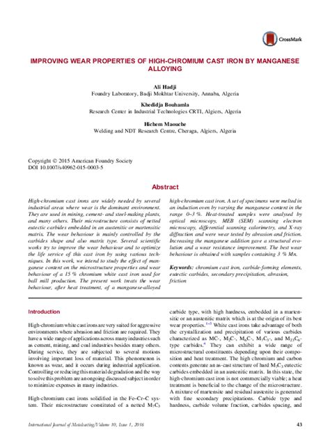 Pdf Improving Wear Properties Of High Chromium Cast Iron By Manganese Alloying