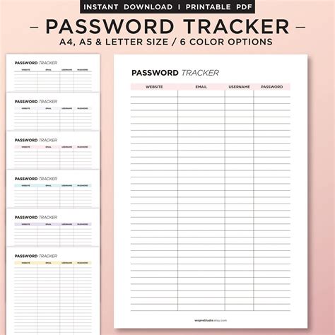 Password Tracker Printable Password Log Password Keeper Printable Planner Inserts A4 A5 Letter