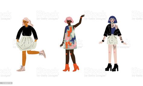 자기 수용 벡터 세트로 자신의 몸과 외모를 사랑 서 젊은 다양한 여자 문신에 대한 스톡 벡터 아트 및 기타 이미지 문신 여자 개성 개념 Istock