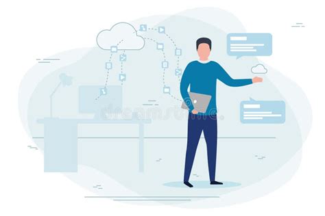 Vector Illustration Man Working Cloud Technologies Stock Vector Illustration Of Laptop Flat