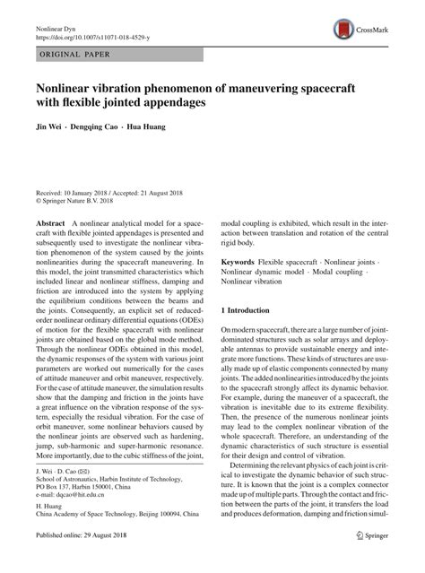Pdf Nonlinear Vibration Phenomenon Of Maneuvering Spacecraft With Flexible Jointed Appendages
