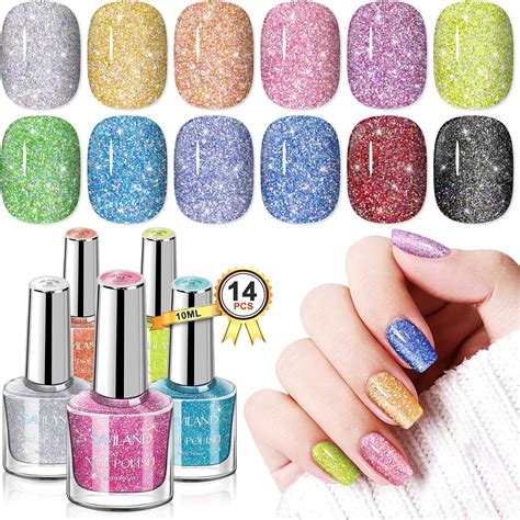 Saviland Glitter Nail Polish Set Quick Dry Nail Varnish Reflective