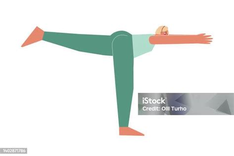 여성 캐릭터가 있는 벡터 일러스트레이션 스포티한 여성은 요가 수업에서 균형 자세 Virabhadrasana Iii를 배웁니다