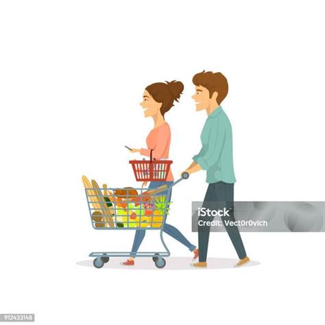 젊은 귀여운 커플 남자와 여자는 Supermaket 쇼핑 함께 음식을 구입 2명에 대한 스톡 벡터 아트 및 기타 이미지 2명 가방 가정 생활 Istock