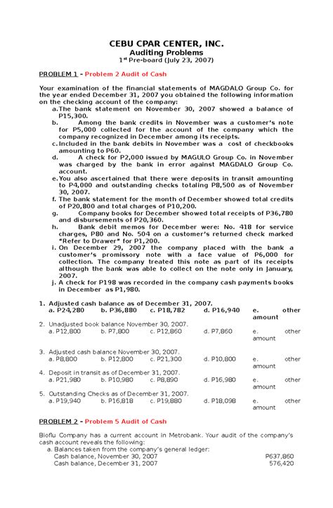 Auditing Problems This Is A Lecture Notes In Accounting Cebu Cpar Center Inc Auditing