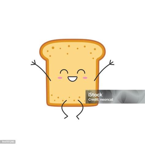 토스트 귀여운 캐릭터 만화 인사 점프 미소 얼굴 쾌활한 카와이 기쁨 행복 감정 기호 아침 식사 아이콘 벡터 일러스트 빵집에 대한 스톡 벡터 아트 및 기타 이미지 Istock