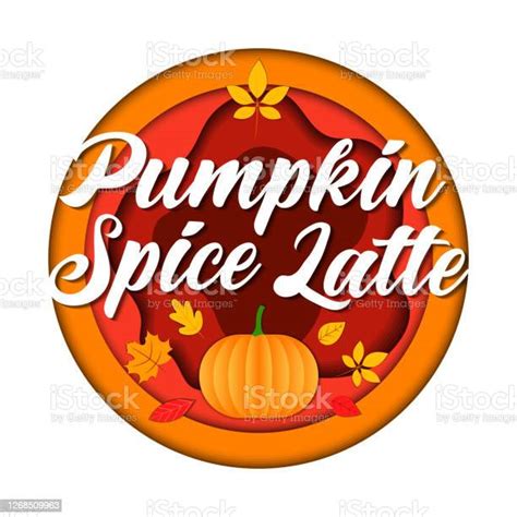 인기있는 온난화 음료 호박 향신료 라떼 개념 큰 둥근 고립 된 빨간색과 오렌지 로고 와 레터링 호박과 단풍 흰색 배경에 단풍