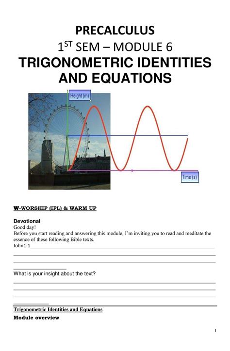 Pre Calculus Module Trigonometric Identities And Equations PRECALCULUS ST SEM MODULE