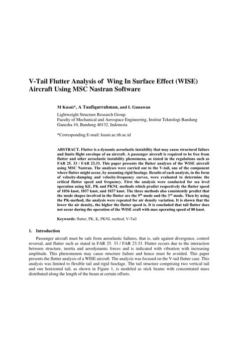 PDF V Tail Flutter Analysis Of Wing In Surface Effect WISE Aircraft Using A Structural