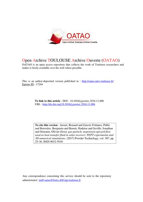 Pdf Dense Gas Particle Suspension Upward Flow Used As Heat Transfer Fluid In Solar Receiver