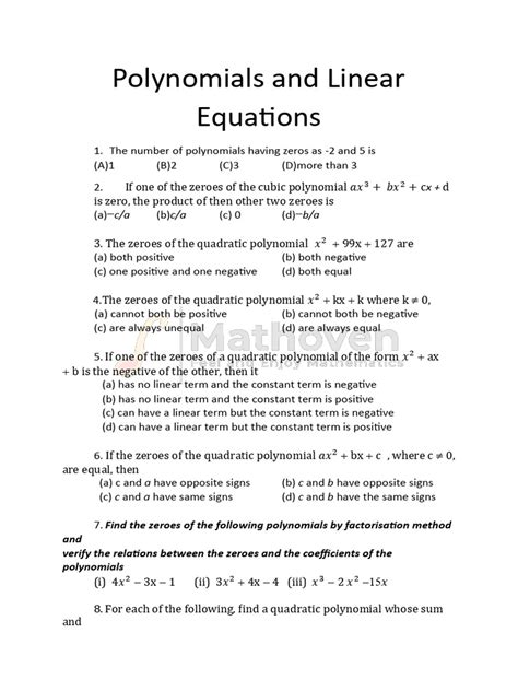 Polynomials And Linear Equations Pdf Factorization Polynomial