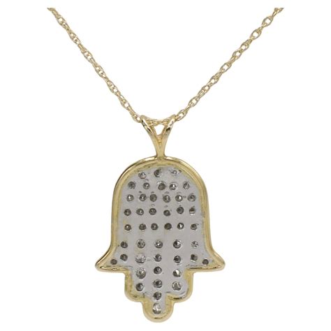 Yellow Gold And Natural Diamond Hand Hamsa Pendant Drop Necklace For