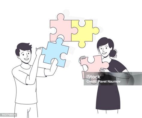 젊은 남자와 여자는 모자이크 조각을 함께 연결하는 직소 퍼즐을 조립 벡터 일러스트 레이 션 기술에 대한 스톡 벡터 아트 및 기타 이미지 기술 남자 남자들만 Istock