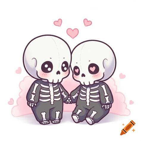 Cute Chibi Skeleton Couple Holding Hands With Pink Hearts In A Soft