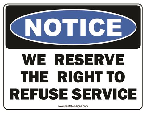 Right To Refuse Service Printable Signs Printable Signs