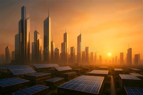 Solar Future City Skyline At Sunset — Futuristic Eco Architecture With