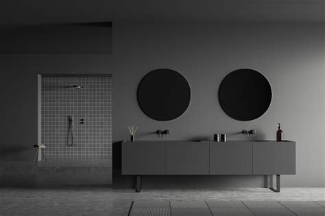 샤워 시설 원형 거울이 있는 어두운 욕실 인테리어의 전면 전망 0명에 대한 스톡 사진 및 기타 이미지 0명 3차원 형태 가구 Istock