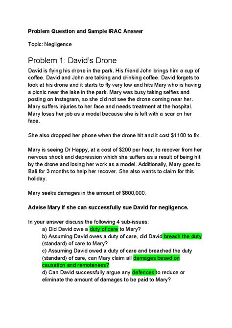 Irac Sample Examples Problem Question And Sample Irac Answer Topic Negligence Problem 1