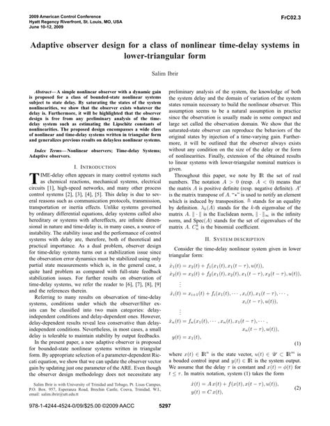 Pdf Adaptive Observer Design For A Class Of Nonlinear Time Delay
