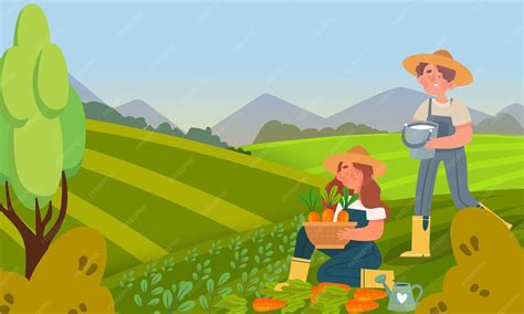 Paisaje Agrícola De Estilo Plano Con Gente Trabajando En El Campo