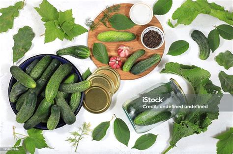 오이와 그들을 절임재료 가정 통조림 개념 오이 딜 마늘 건포도 잎 체리 고추냉이 참나무와 바질 소박한 절임 레시피 개념에 대한 스톡 사진 및 기타 이미지 Istock