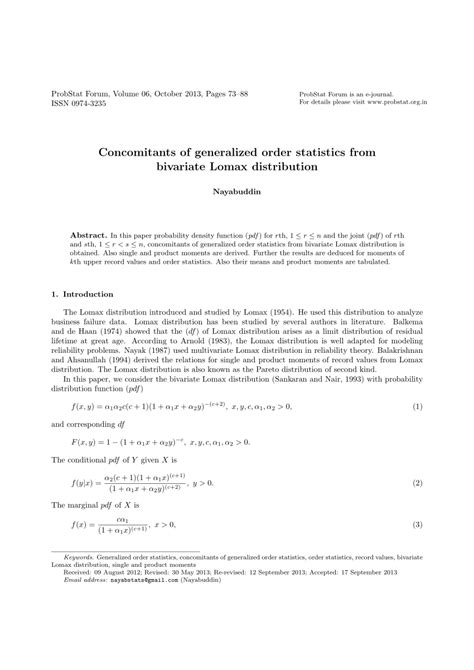 Pdf Concomitants Of Generalized Order Statistics From Bivariate Lomax