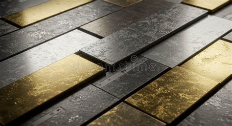 Metallic Tiles Arranged In An Overlapping Pattern Featuring A Mix Of Gold Black Stock
