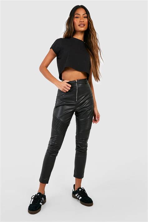 Trousers Leather Look High Waisted Moto Skinny Trousers Boohoo