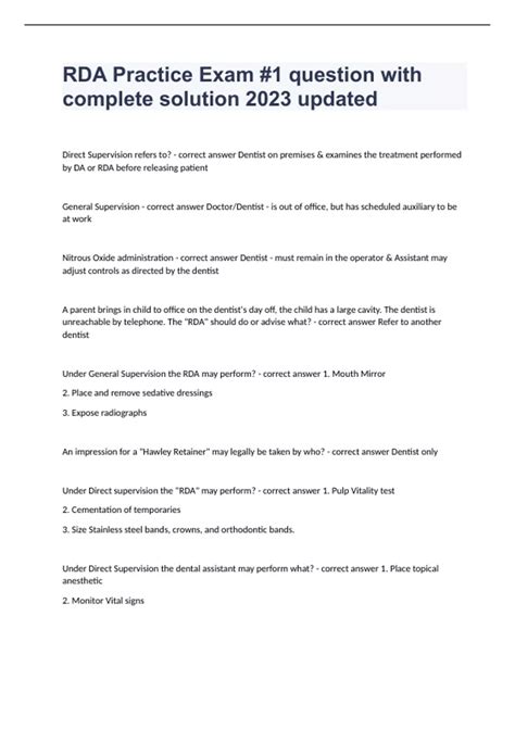 Rda Practice Exam 1 Question With Complete Solution 2023 Updated Rda Stuvia Us