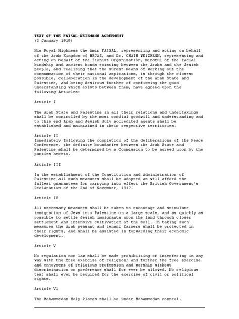 The Faisal Weizmann Agreement 1919 Pdf Mandatory Palestine Middle
