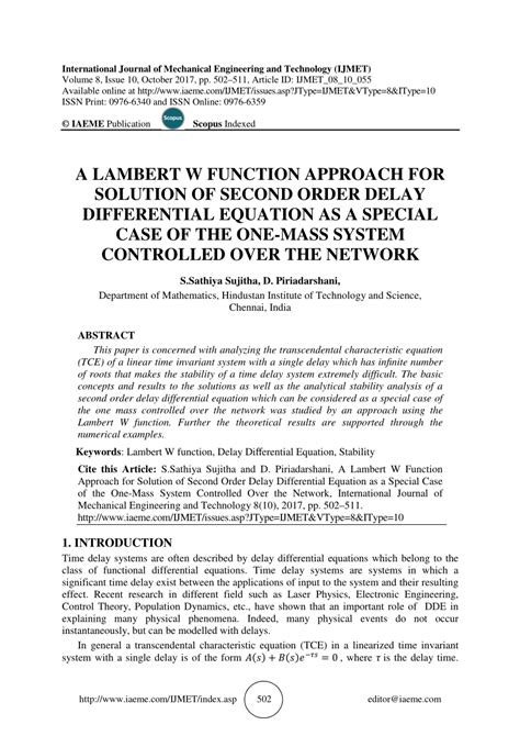 Pdf A Lambert W Function Approach For Solution Of Second Order Delay Differential Equation As
