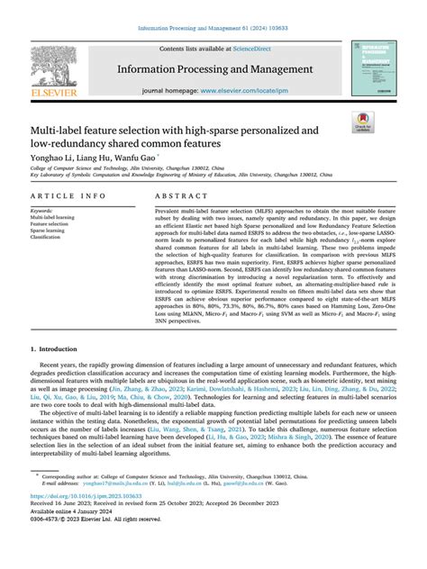 Multi Label Feature Selection With High Sparse Personalized And Low Redundancy Shared Common