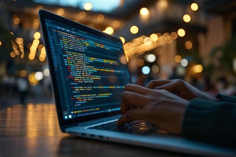 Hands Typing Code On A Laptop Keyboard In A Dimly Lit Bokeh Filled Background Creating A