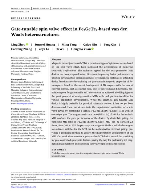 Pdf Gate‐tunable Spin Valve Effect In Fe 3 Gete 2 ‐based Van Der