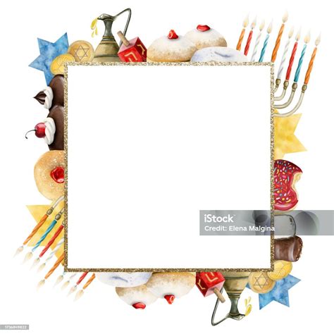 수채화 하누카 인사말 카드 사각형 프레임 템플릿 그림 전통적인 유대인 차누카 기적의 상징 드레이델 도넛 촛불이 있는 메노라 기름 항아리 별 데이비드 빛나는 조명 공휴일에