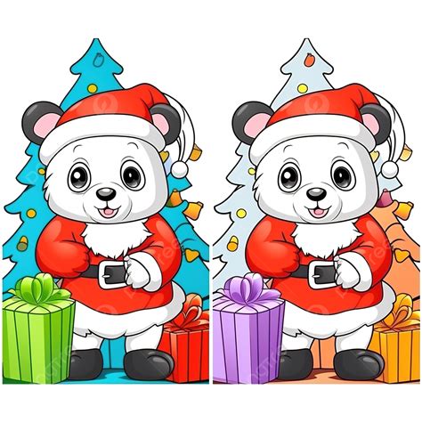 크리스마스 의상을 입고 귀여운 팬더 곰과 함께 그림 어린이 게임과 색칠 공부 페이지를 복사하세요 트레이싱 색칠하는 아이들 키즈 워크시트 Png 일러스트 및 이미지 에