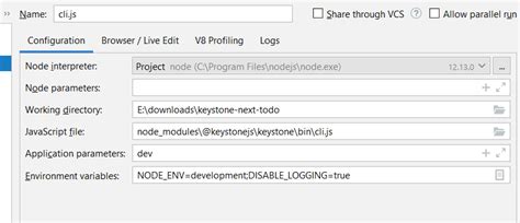how does one debug keystonejs apps in webstorm ides support