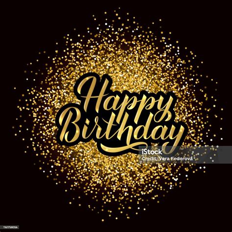 골드 반짝이 배경에 브러쉬 서예 문자를 그린 생일 축하 합니다 생일 또는 기념일 축 하 포스터입니다 인사말 카드 배너 전단지