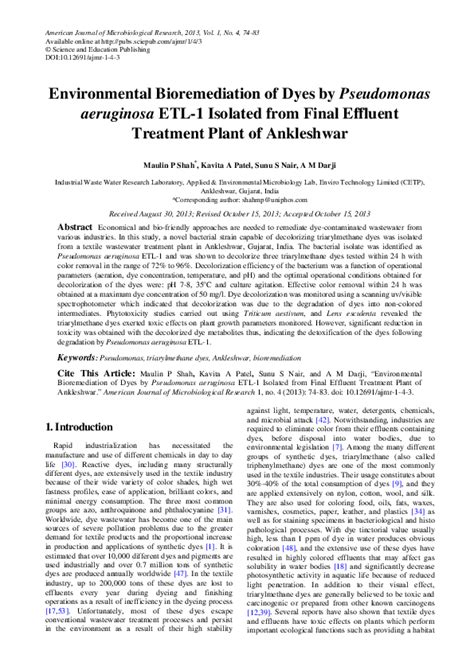 Pdf Environmental Bioremediation Of Dyes By Pseudomonas Aeruginosa