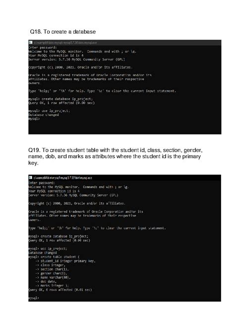 Sql All Programs 1 Q18 To Create A Database Q19 To Create Student