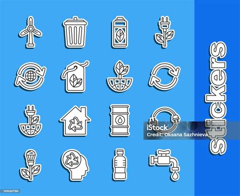 세트 라인 수도꼭지 전기 플러그 새로 고침 재활용 플라스틱 병 잎 기호가 있는 태그 행성 지구 및 재활용 풍력 터빈 및 지구 지구 아이콘 벡터 녹색에 대한 스톡 벡터 아트