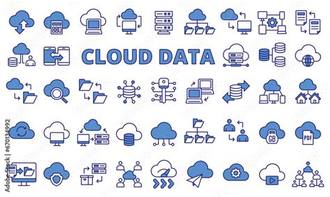 Cloud Data Icon Set In Line Design Blue Data Storage Upload Download Server Backup Files