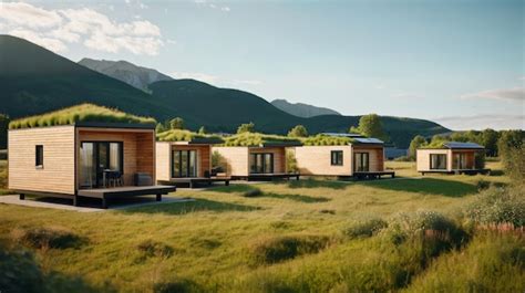 Tiny Houses In Green Field Premium Ai Generated Image